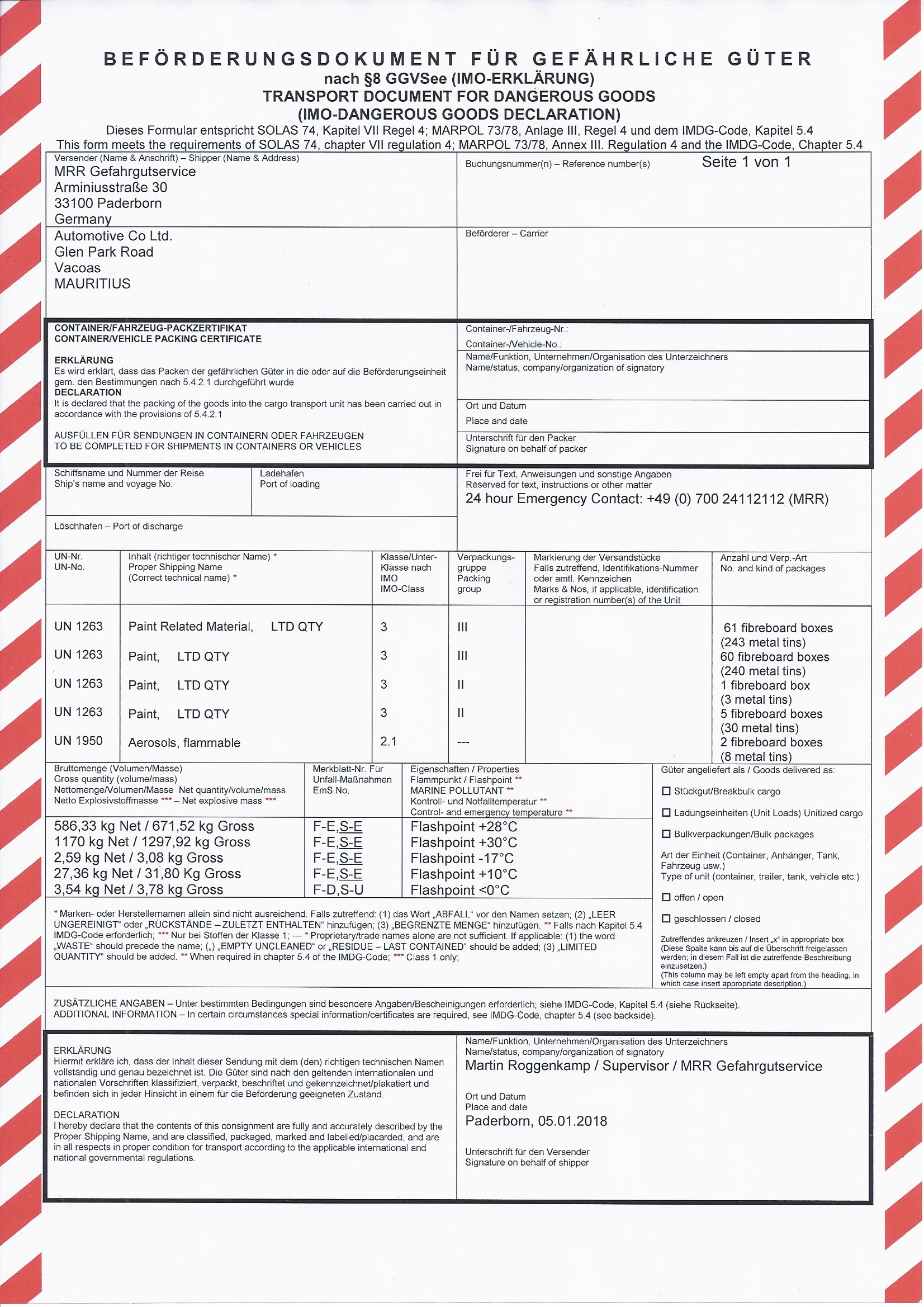 shippers declaration - IMO ERklärung